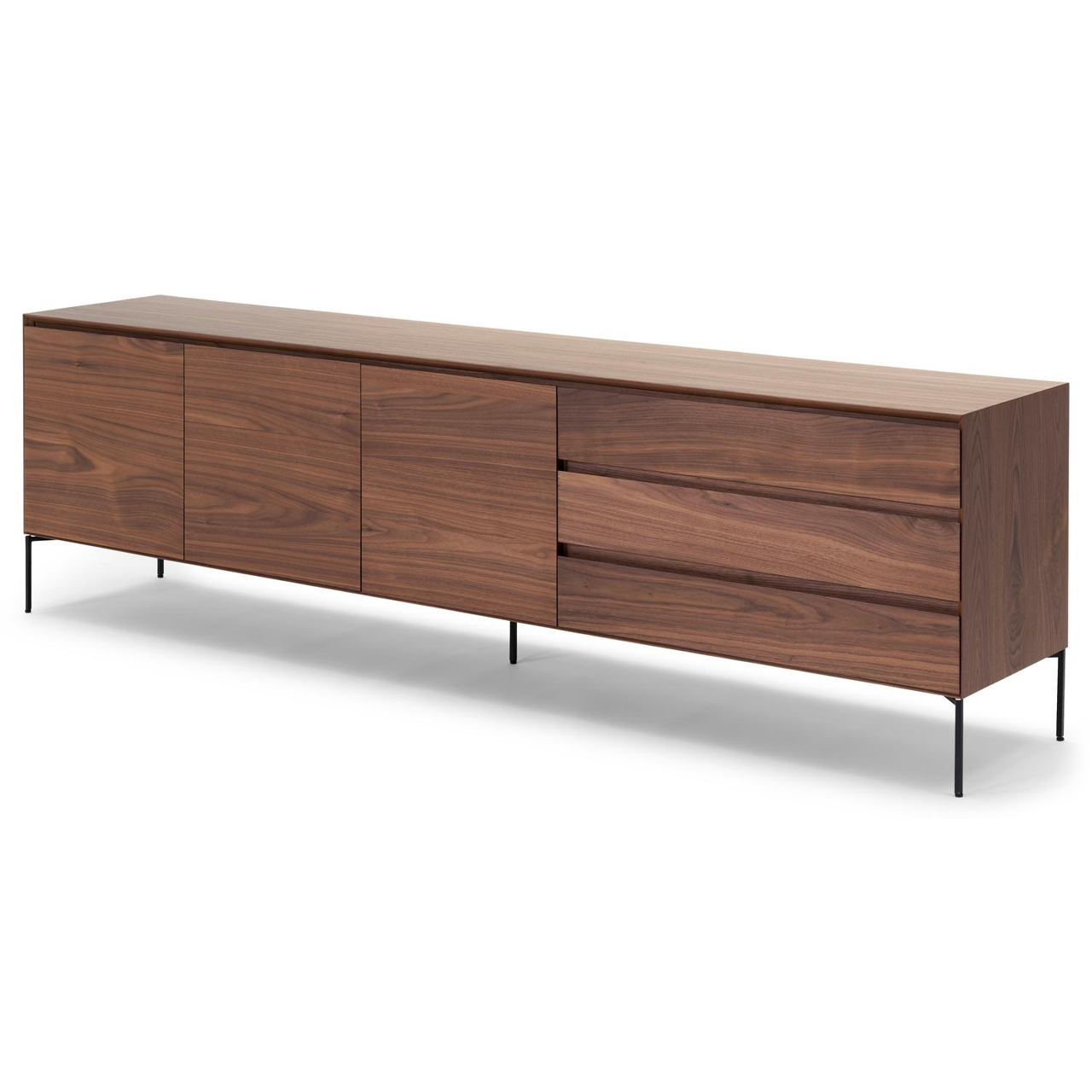 Arno dressoir in walnoot met vierkante poten 240 x 45 cm