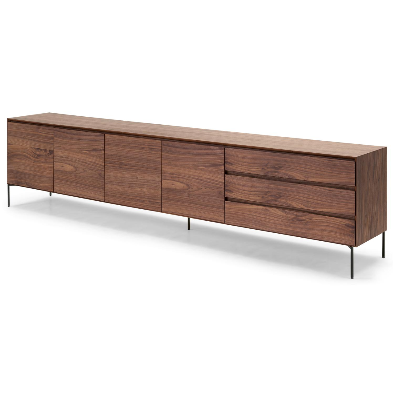 Arno dressoir in walnoot met vierkante poten 290 x 45 cm